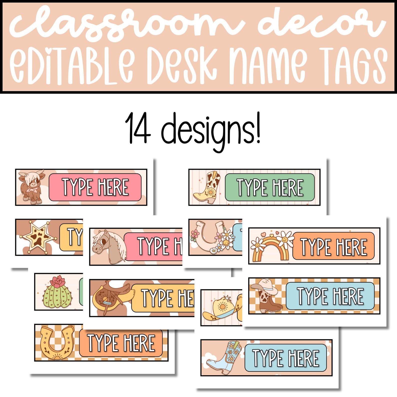 Western Cowgirl Classroom Desk Name Tags, Editable (digital Download ...