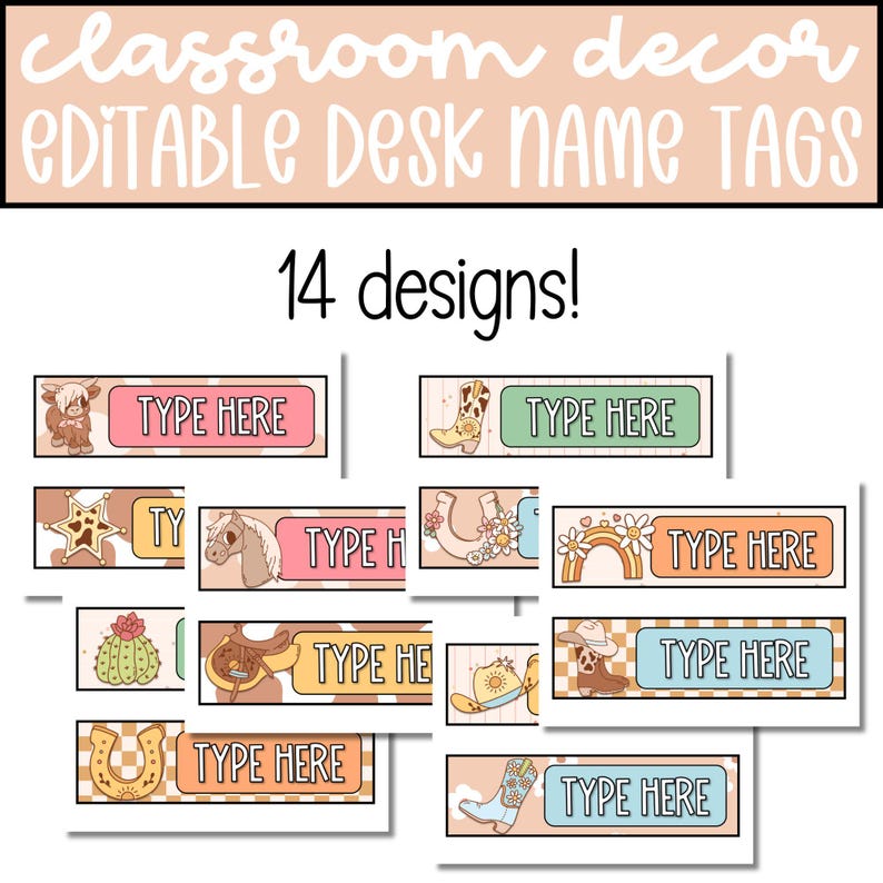 Western Cowgirl Classroom Desk Name Tags, Editable (digital Download ...