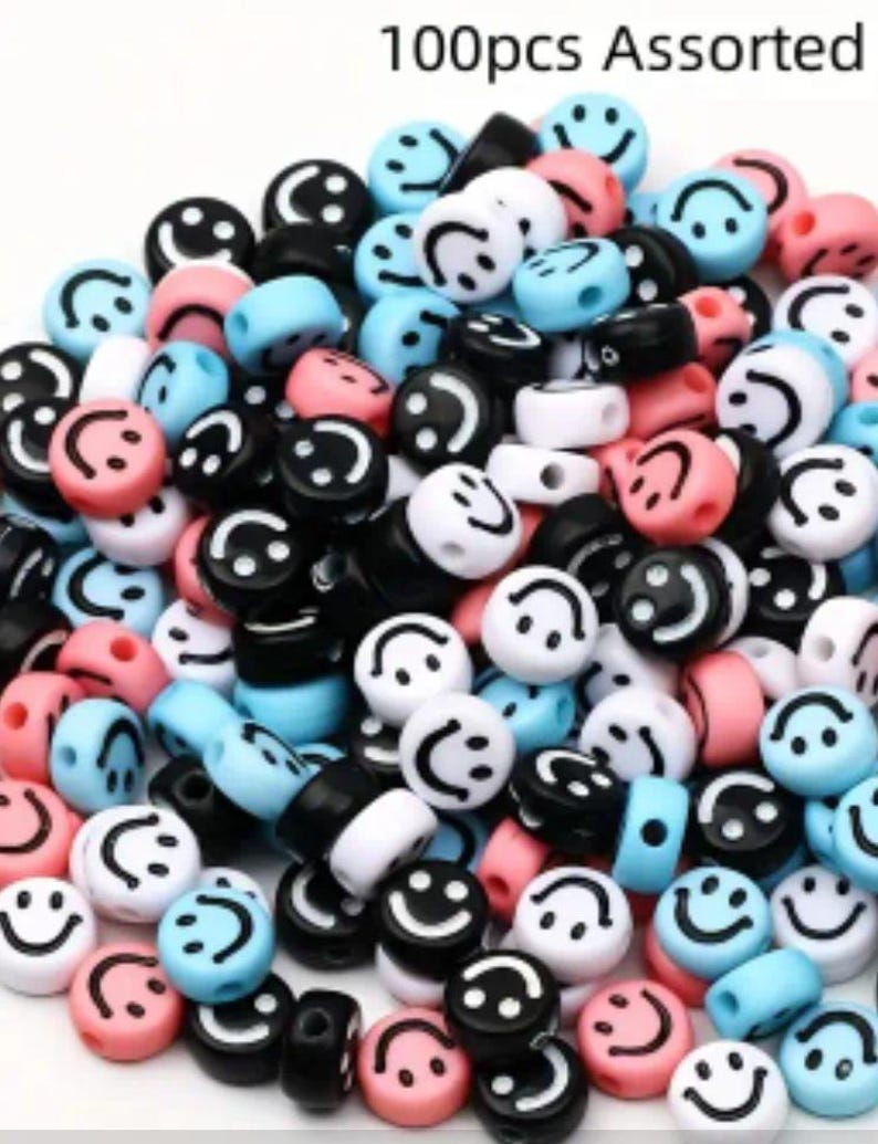 100 Smiley Face Beads in Colours Black Pink and Black for DIY Craft ...