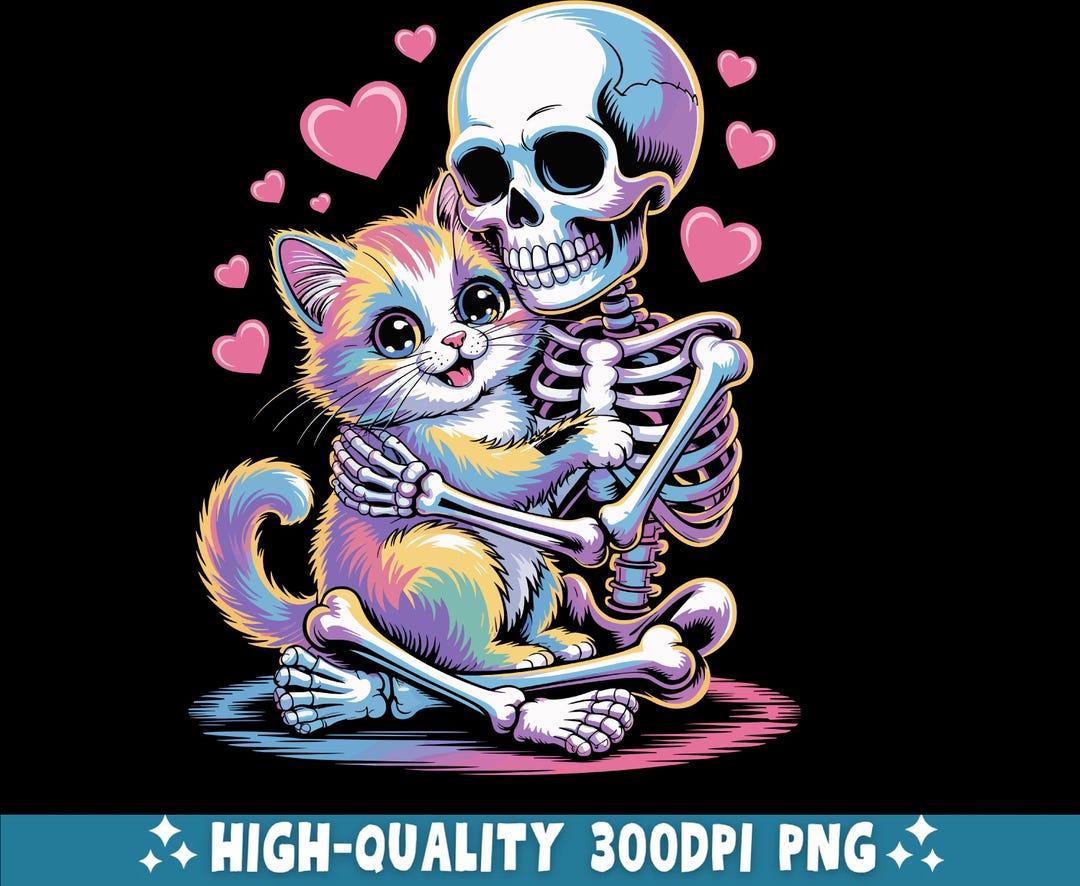 Pastel Goth Skeleton Hugging Cat PNG | Halloween Cat Sublimation ...