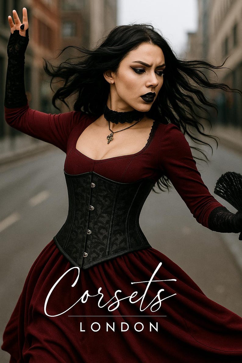 Black Gothic Brocade Underbust Corset: Steel Boned Victorian Waist ...
