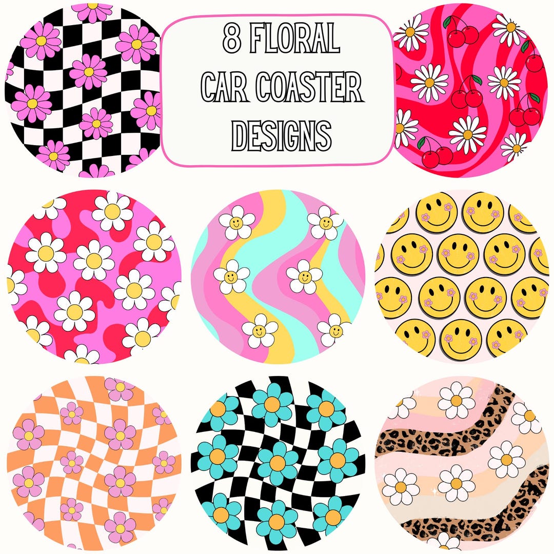Retro Floral Car Coaster Bundle PNG | 8 Groovy 2.75