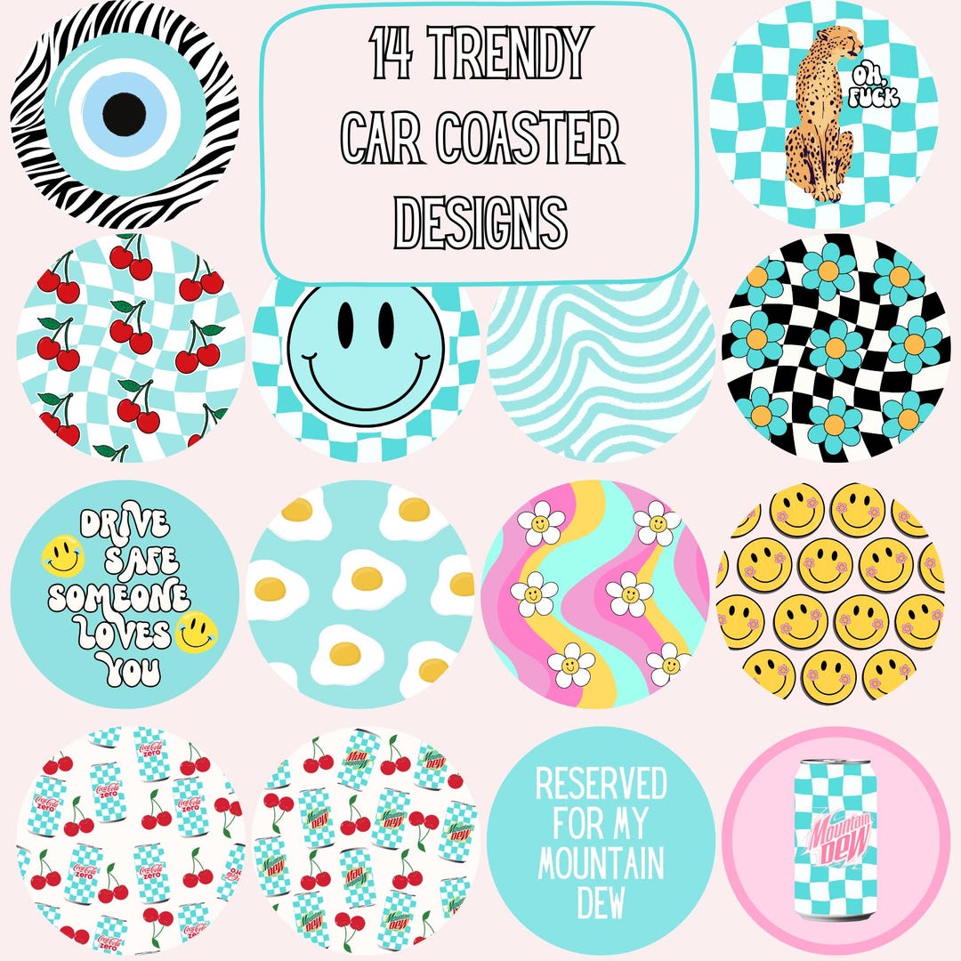 Turquoise Cute Car Coaster Bundle PNG, 14 Round Car Cup Coaster Designs ...