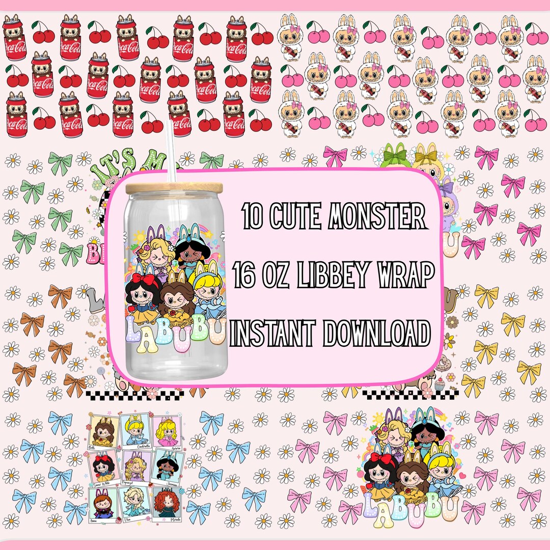 Kawaii Monsters 16oz Glass Can Wrap Bundle PNG | 10 Cute Glass Cup ...