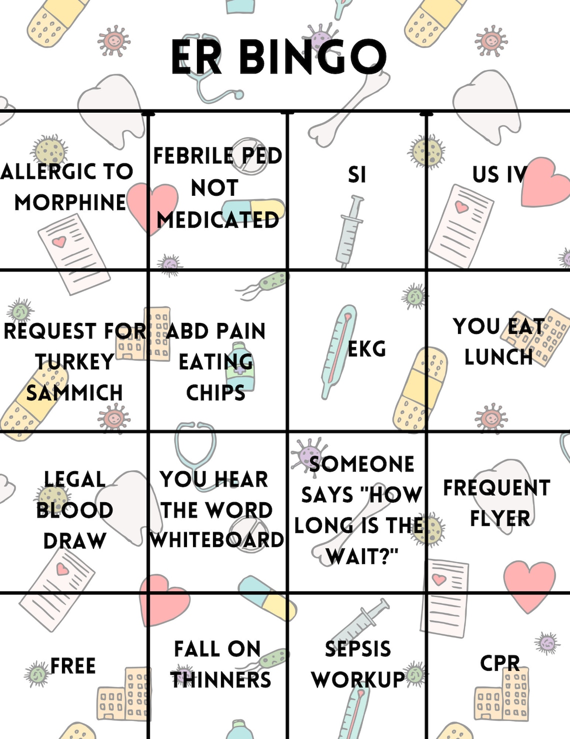 Emergency Room Bingo Game Printable Medical Bingo Instant Download ER ...