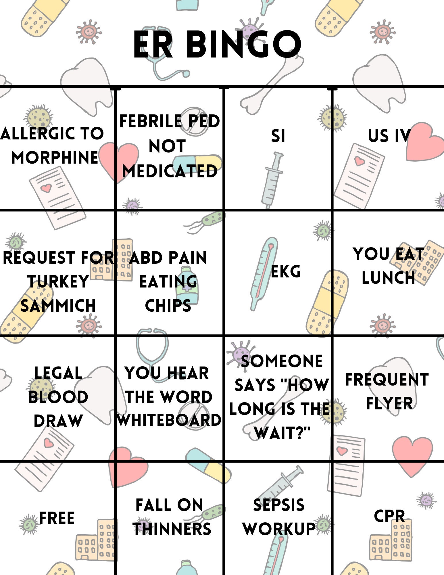 Emergency Room Bingo Game| Printable Medical Bingo| Instant Download ER Shift Bingo ...