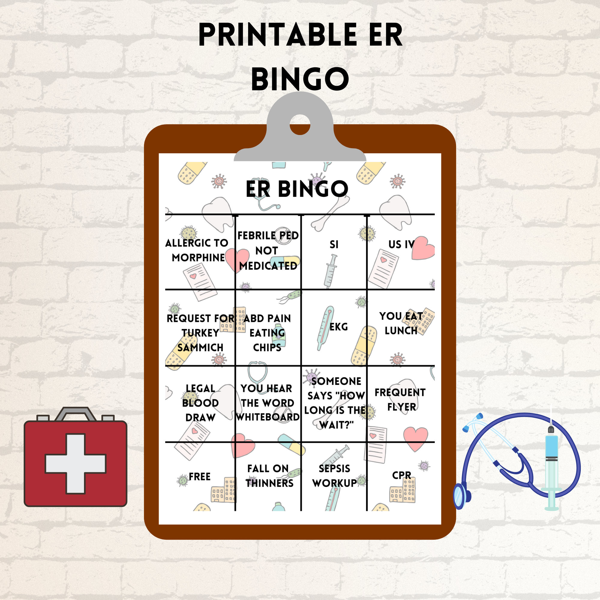 Emergency Room Bingo Game| Printable Medical Bingo| Instant Download ER ...
