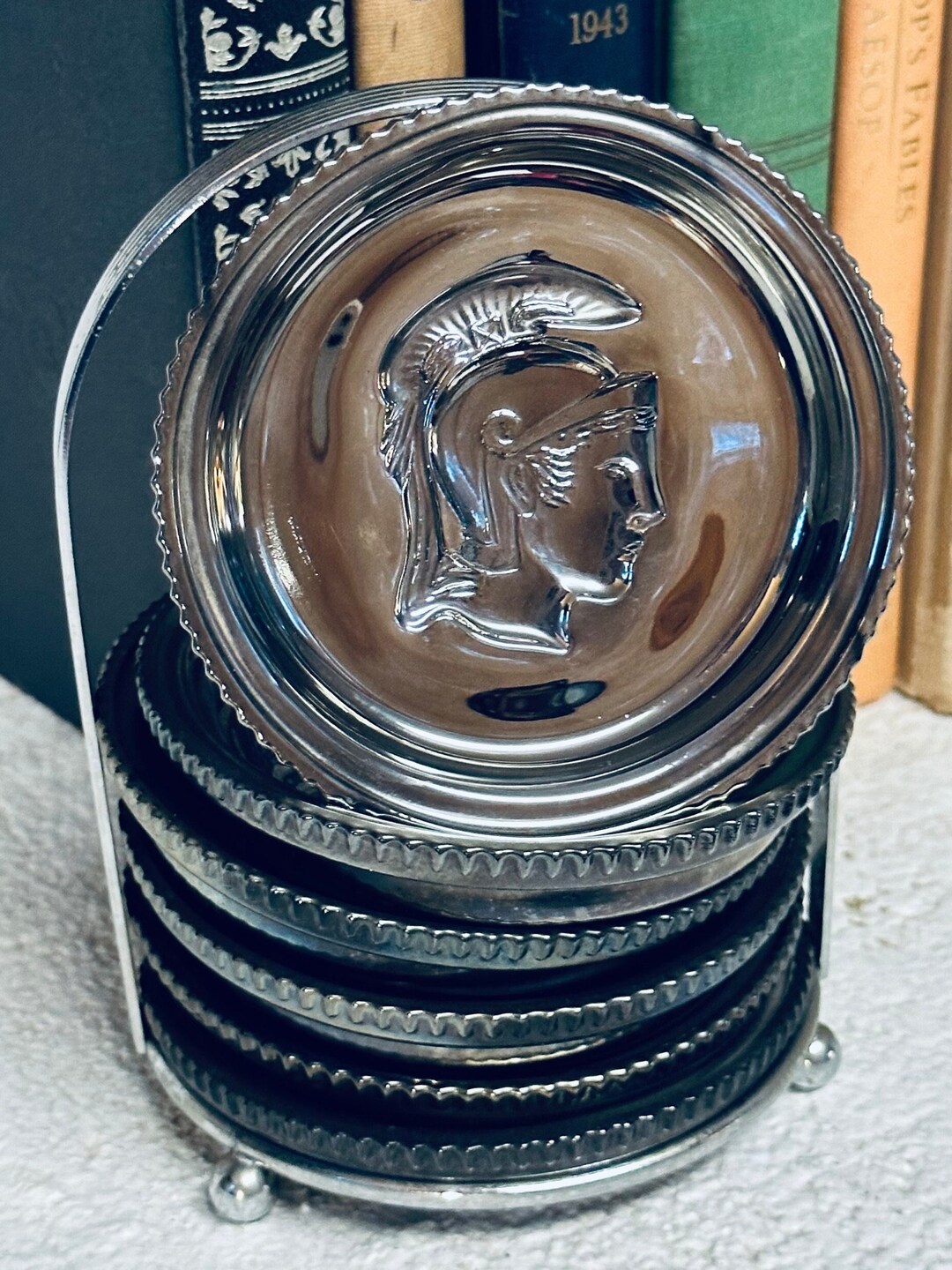 Mid-century Modern Vitreon Queens Mercury Glass Roman Coaster Set in ...