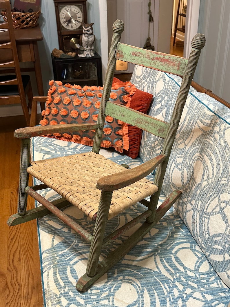 Antique Childs Cane Bottom Rocking Chair Handmade Solid Wood With Woven ...