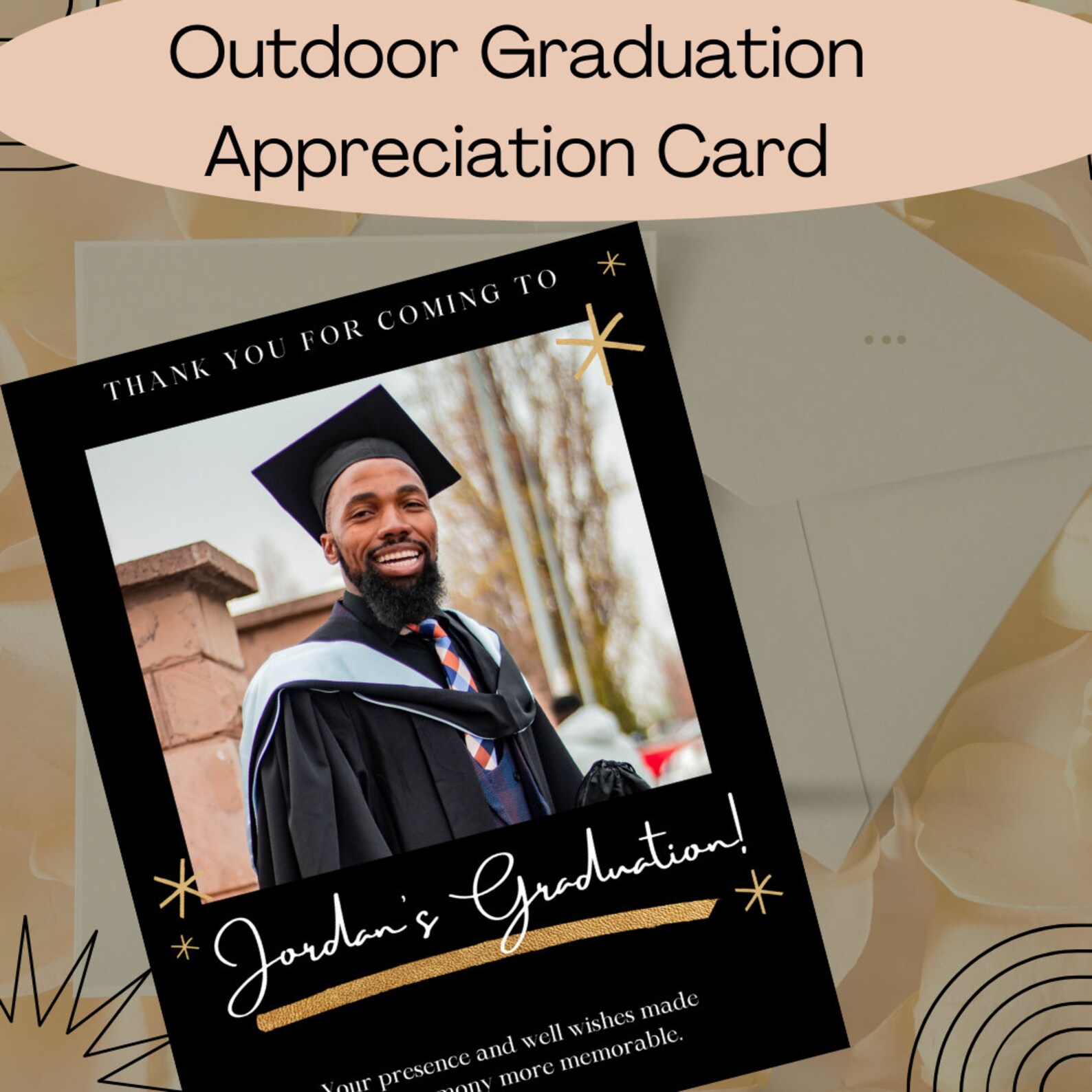 Editable Black Gold Rustic Artisinal Outdoor Graduation Flat Card ...