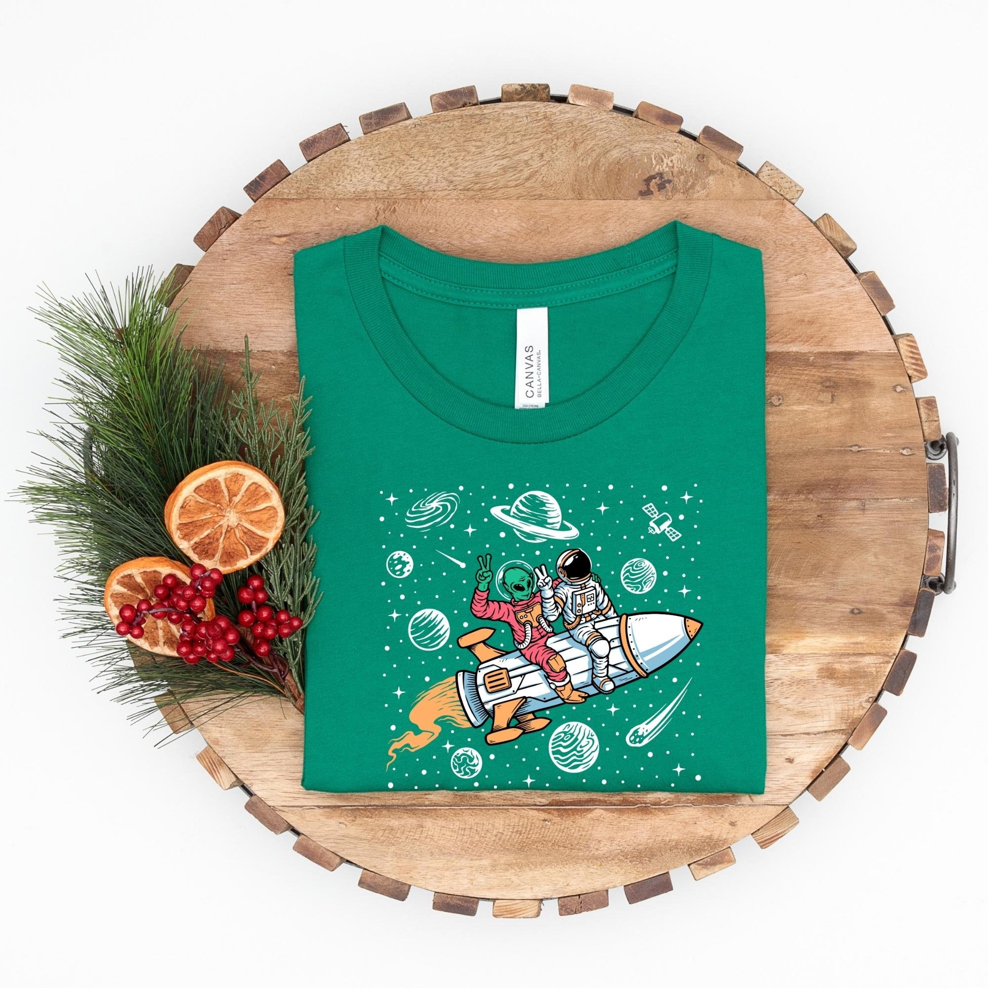 Astronaut & Alien Riding A Rocket Graphic T-shirt Funny Space Shirt ...