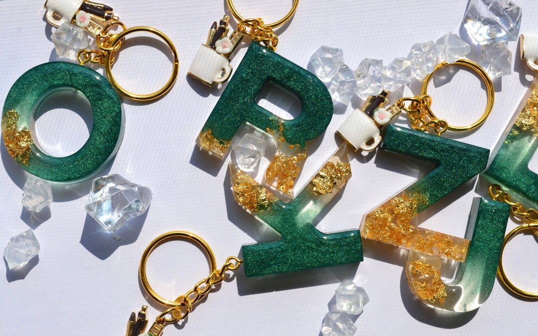Emerald and Gold Keychain/ Personalized Letter Keychain/ Gifts - Etsy