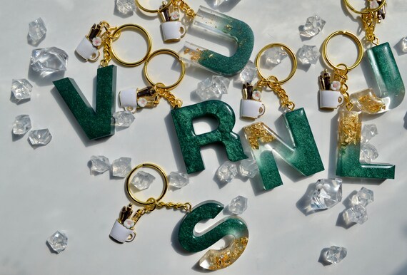 Emerald and Gold Keychain/ Personalized Letter Keychain/ Gifts - Etsy
