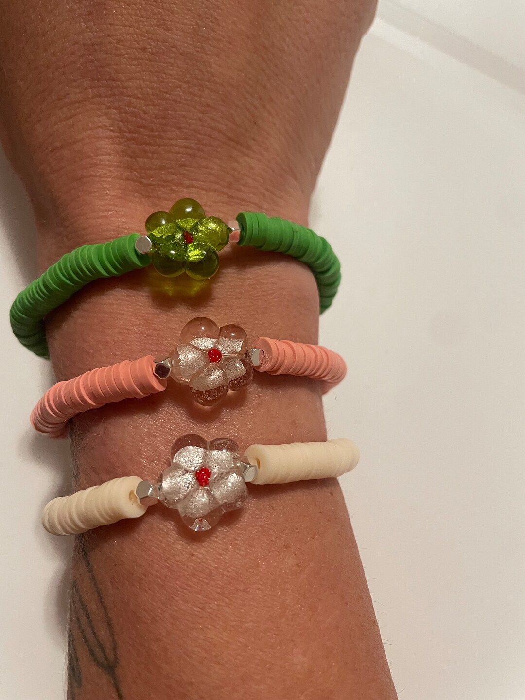 Heishi Bracelets With Porcelain Flower and Sterling Silver Accent Beads ...