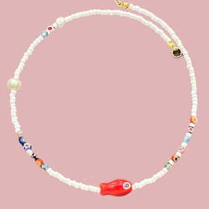 Fish Charm Necklace-beaded Necklace With Red Fish-ocean Themed Beaded ...