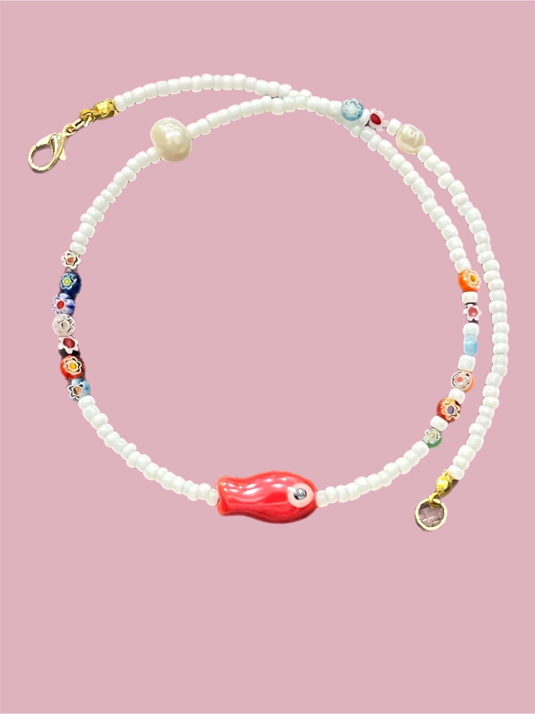 Fish Charm Necklace-beaded Necklace With Red Fish-ocean Themed Beaded ...
