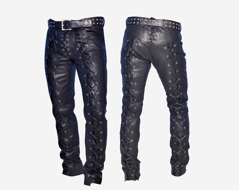 Mens Leather Pants Laced Up Black Bikers 100 Real Etsy