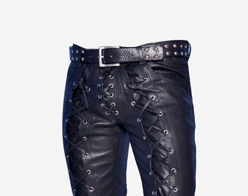 Mens Leather Pants Laced Up Black Bikers 100 Real Etsy