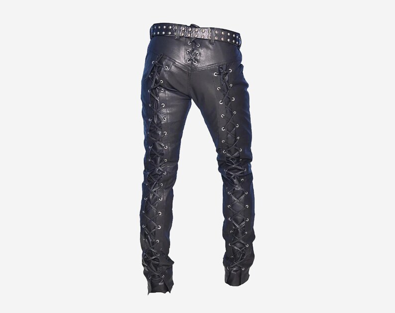 Mens Leather Pants Laced Up Black Bikers 100 Real Etsy