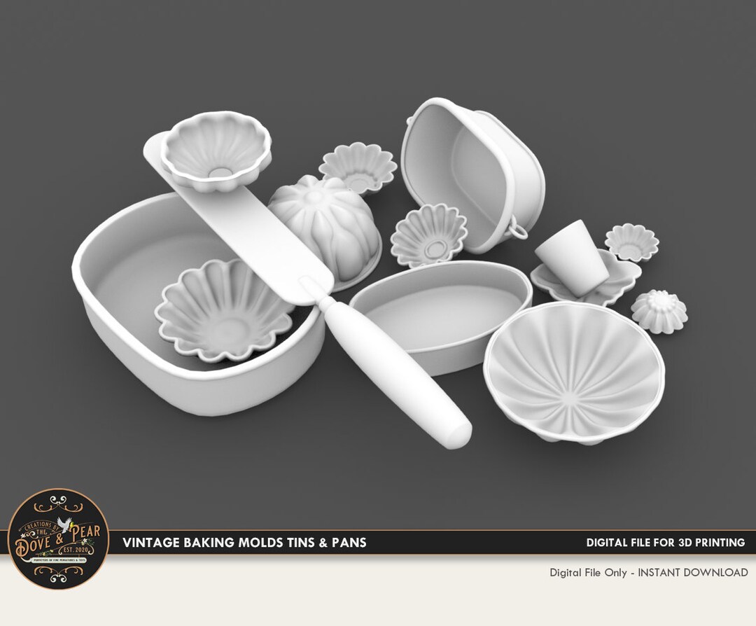 1:12 Vintage Baking Molds Pans Dishes Dollhouse Miniature 3D STL PRINT ...