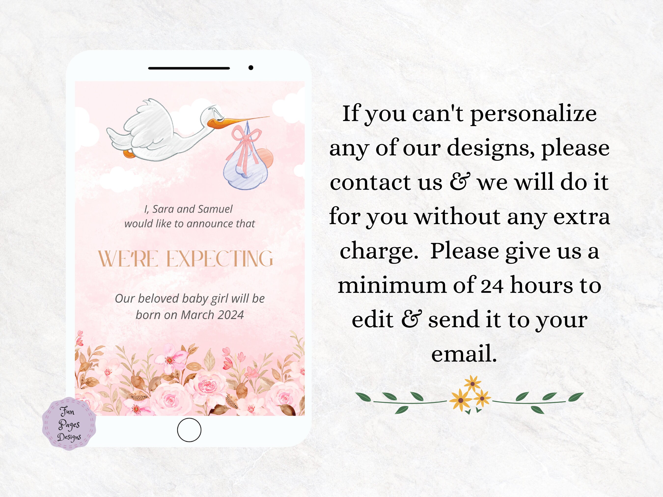 Pink Floral Pregnancy Announcement, Baby Girl Reveal, Stork Theme, We ...