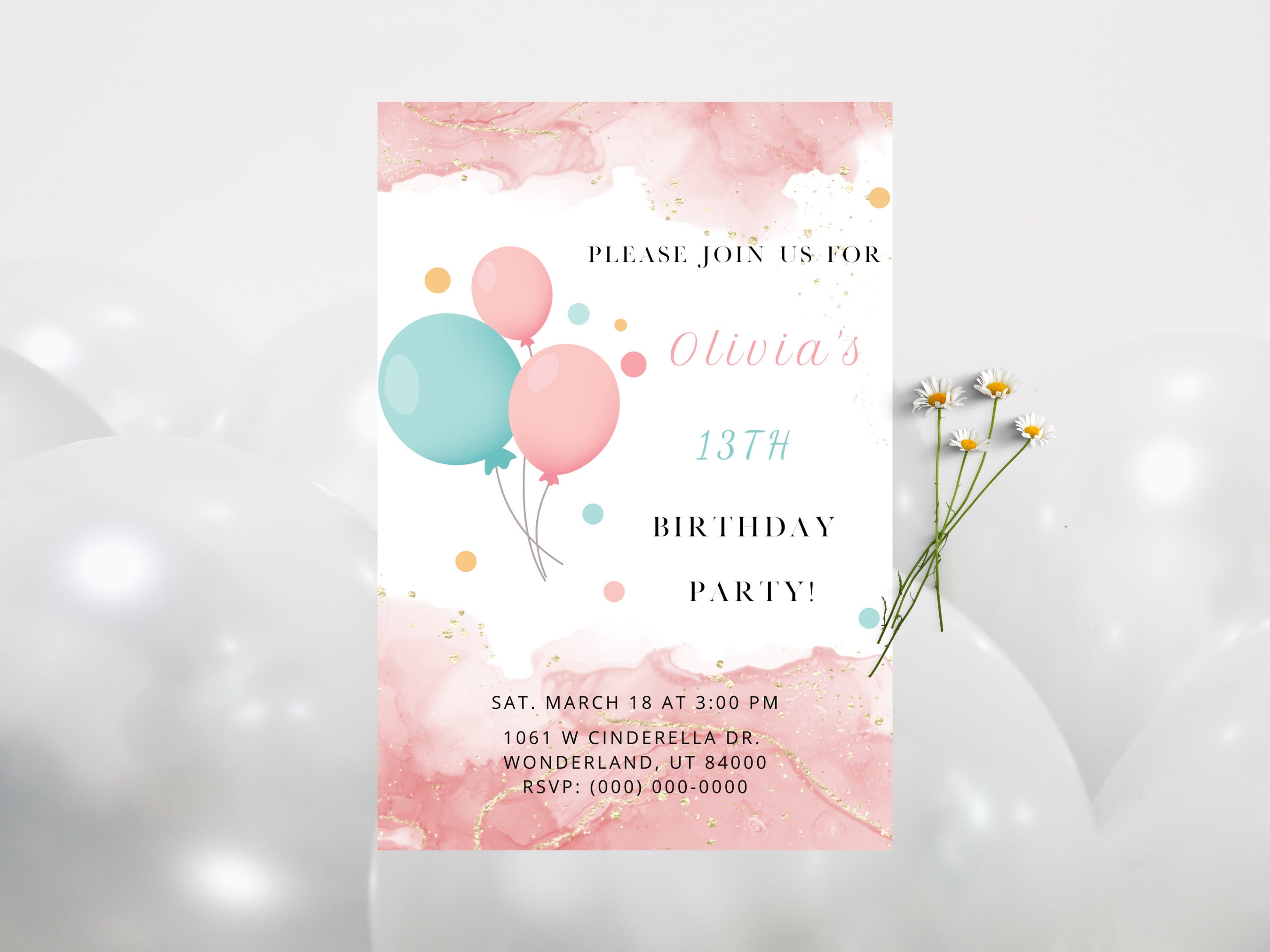 Pink Balloons Birthday Invitation, Teenager Girl Party, Digital Invite ...