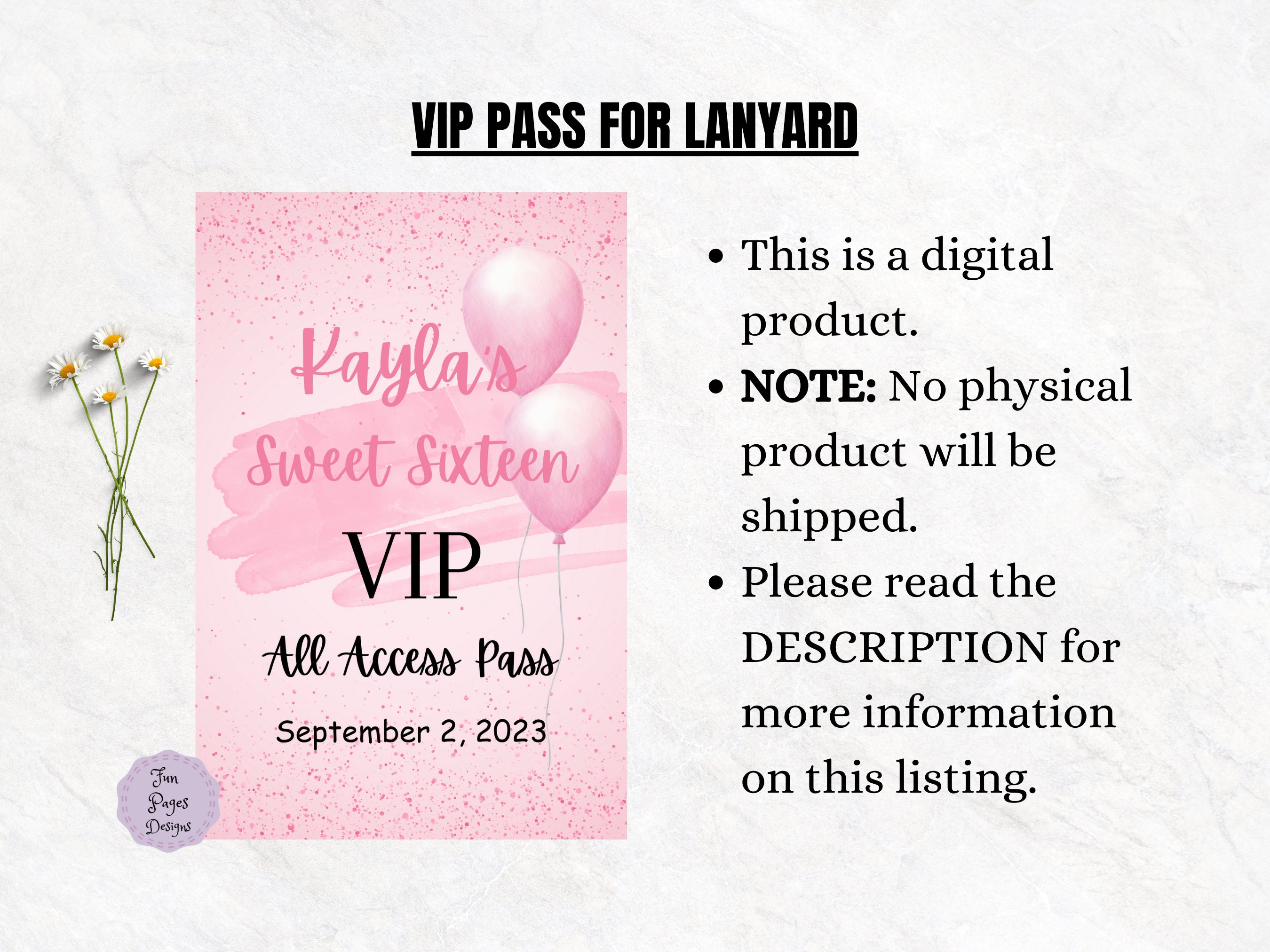 Pink Birthday VIP Lanyard Insert, Sweet 16, Party Celebration Pass ...