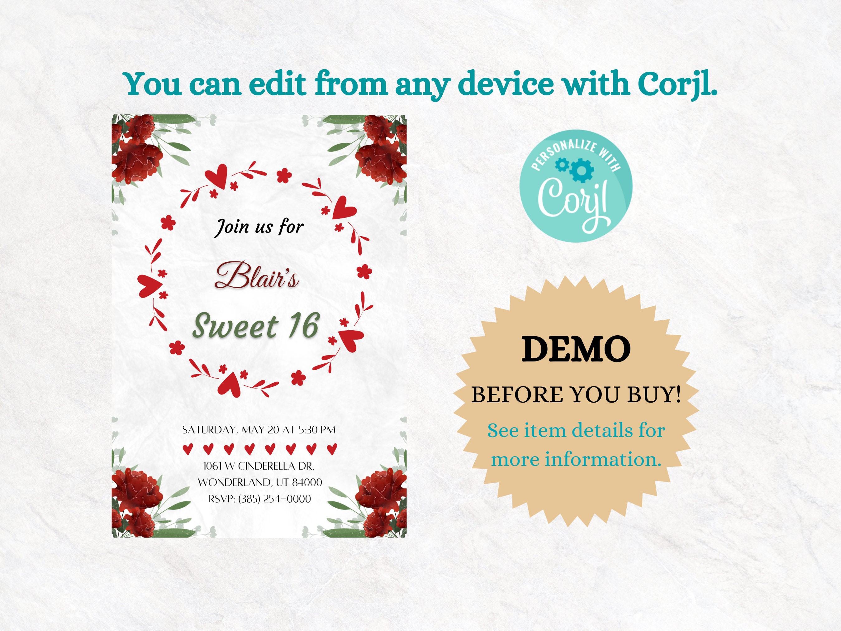 Red Sweet Sixteen Birthday Invitation, Floral Theme, My Sweet 16 ...