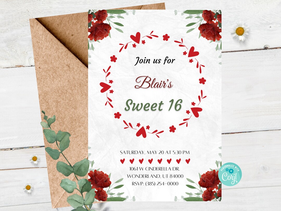 Red Sweet Sixteen Birthday Invitation Template Flowers Theme - Etsy