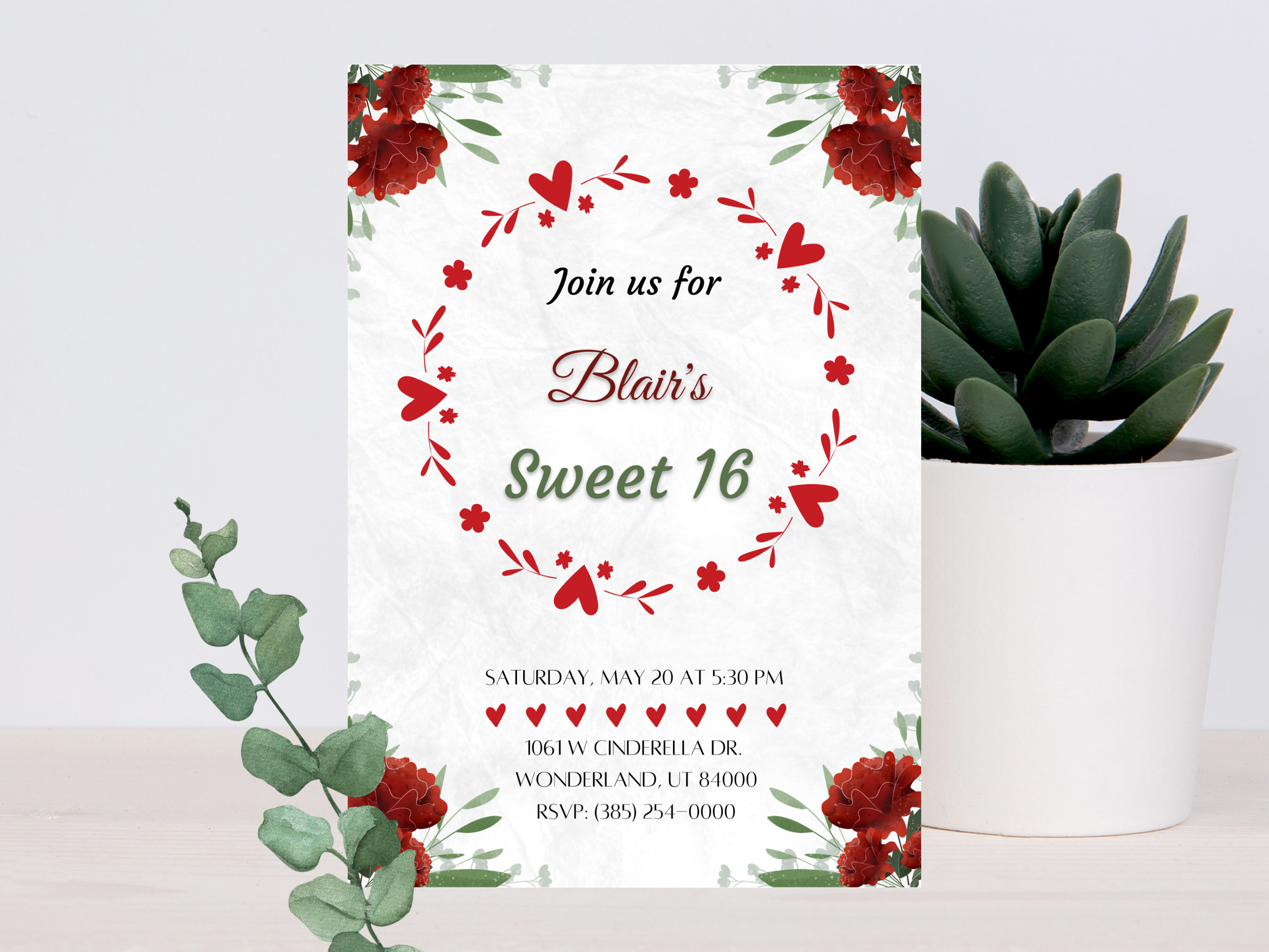 Red Sweet Sixteen Birthday Invitation, Floral Theme, My Sweet 16 ...