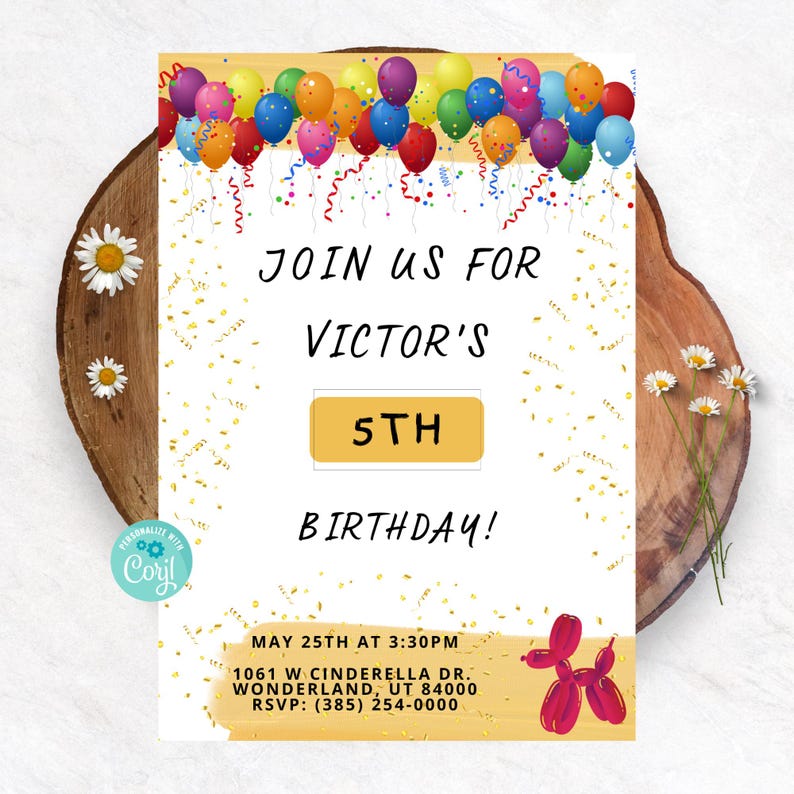Fun Kids Birthday Invitation, Balloons Confetti Theme, Colorful Invite ...