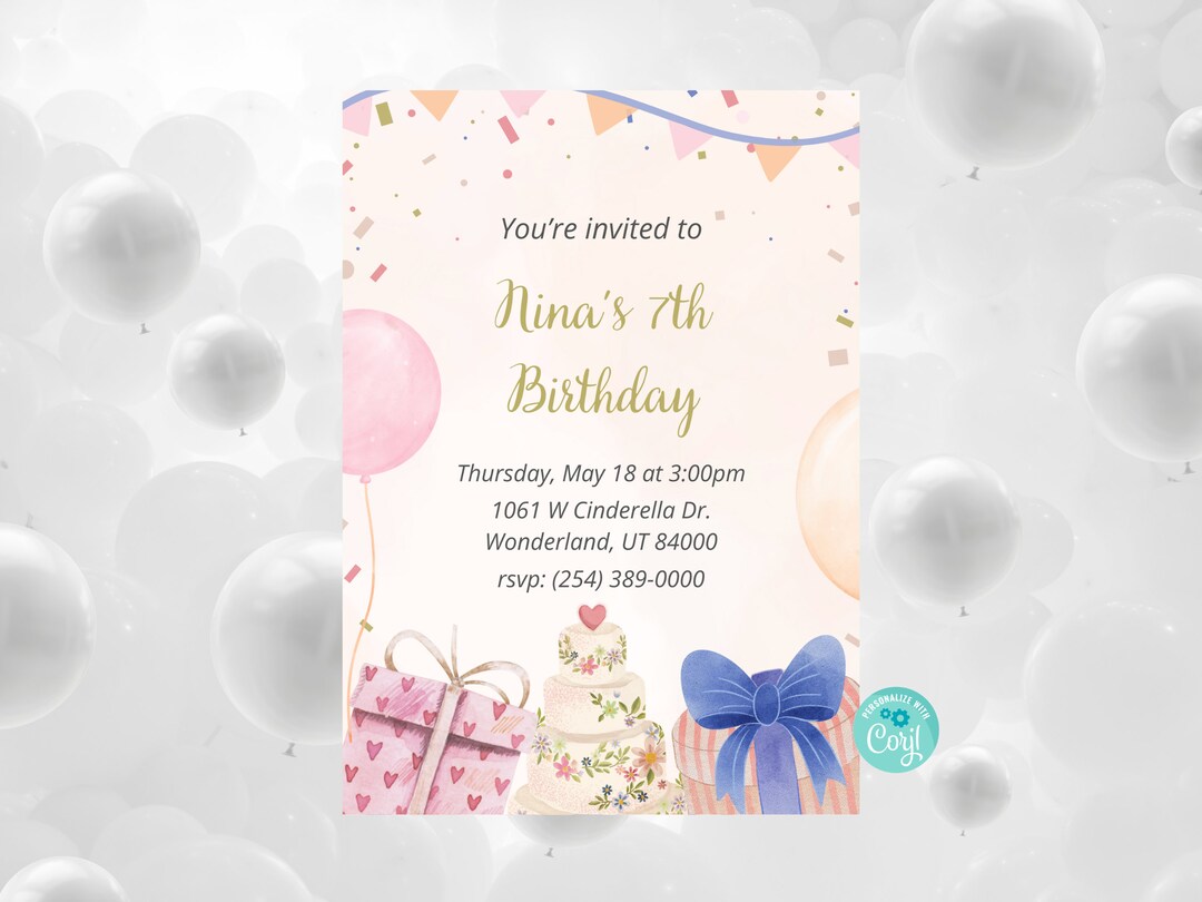 Elegant Pastel Birthday Invitation, Confetti Balloons Theme, Girl Party ...