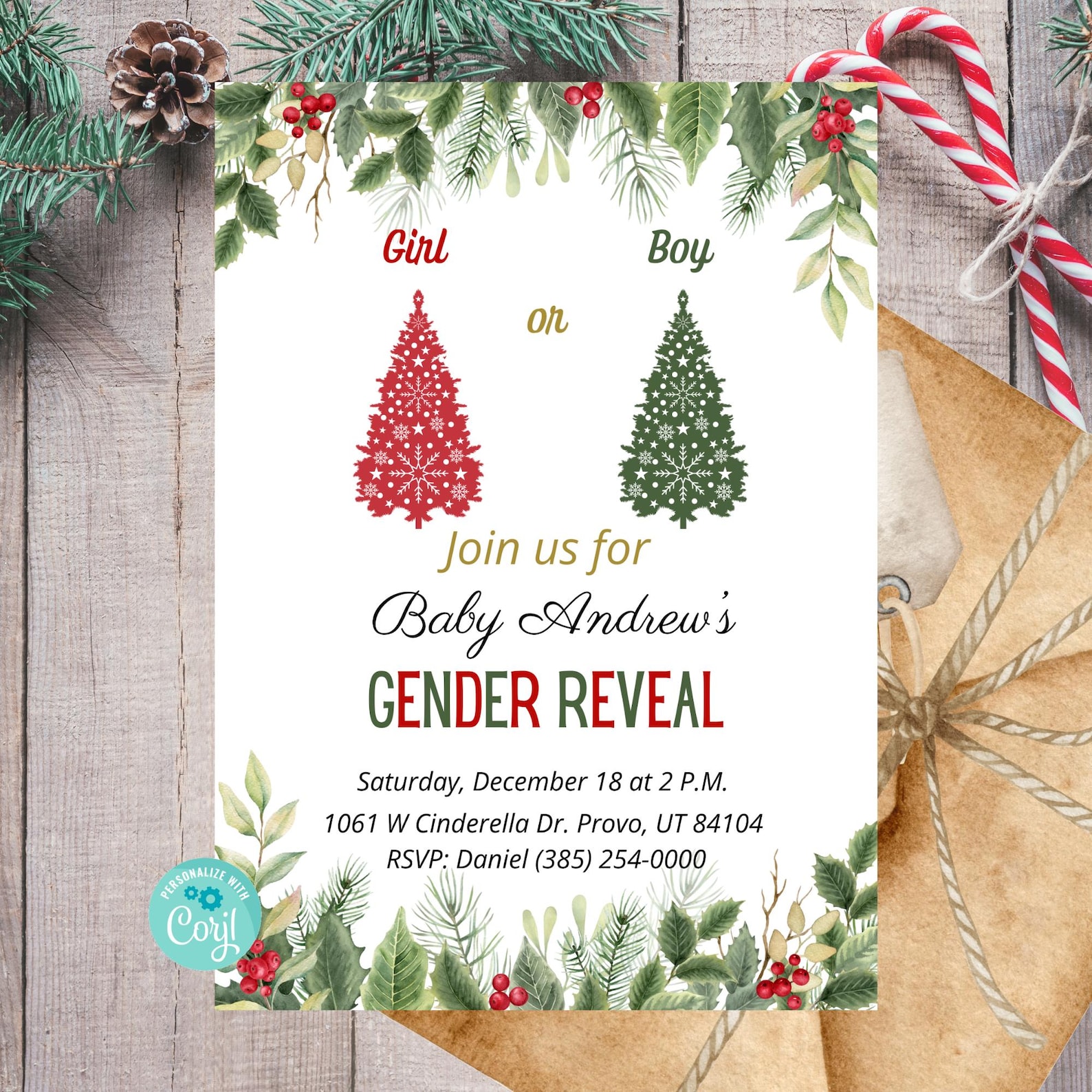 Festive Christmas Trees Gender Reveal Invitation, Red or Green, Boy or ...