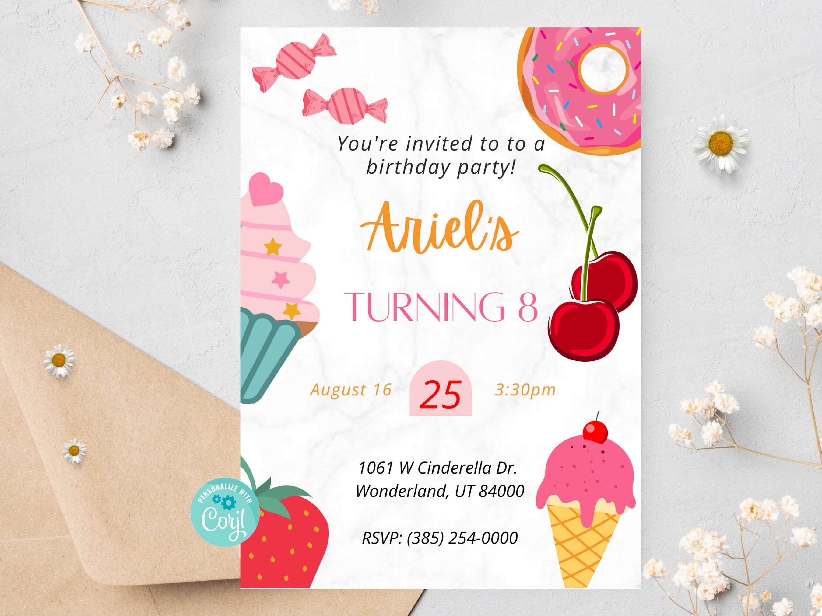 Sweet Treats Party Birthday Invitation, Pink Summer Theme, Ice Cream ...