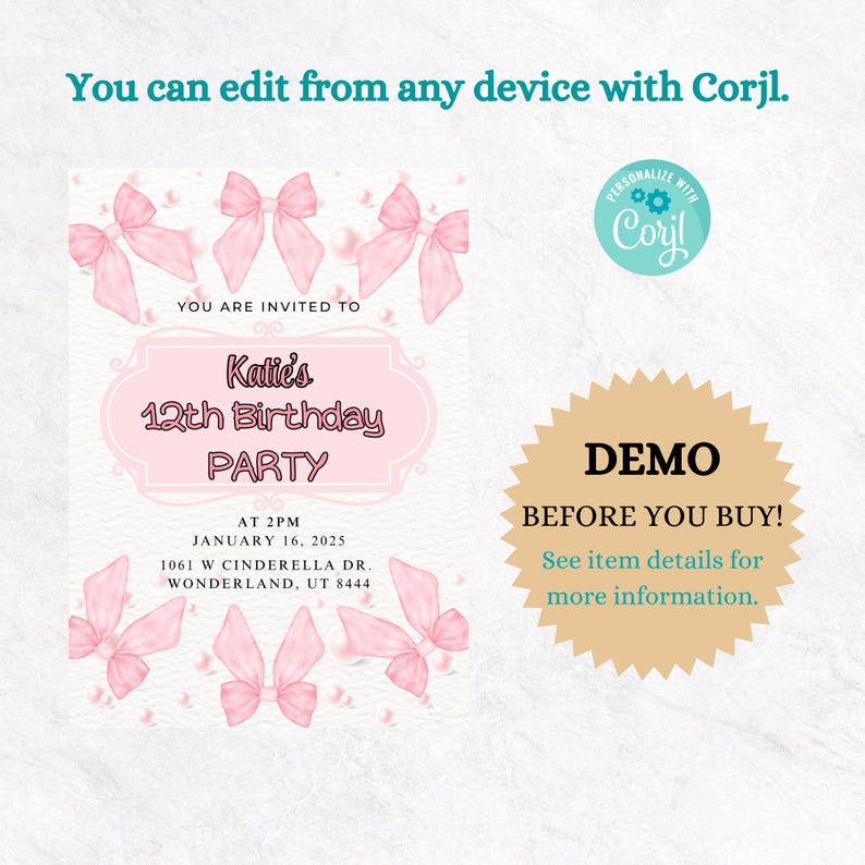 Pink Coquette Birthday Invitation, Girls Party Invite, Bows Pearls ...