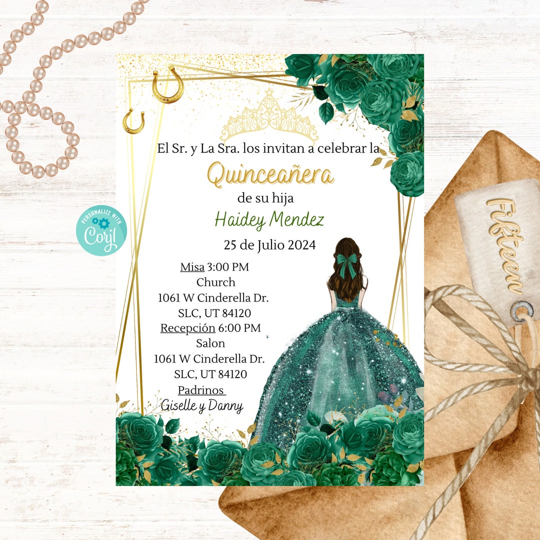 Roses Emerald Green Quinceañera Invitation, Horseshoe Cowgirl Theme, Gold Glitter Teenager Party ...