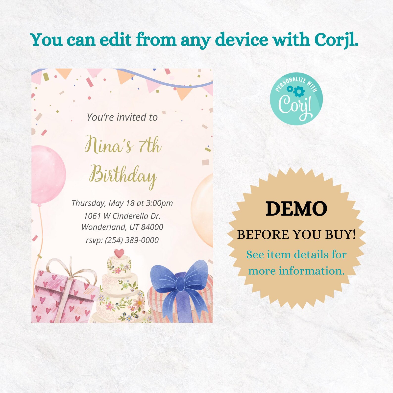 Elegant Pastel Birthday Invitation, Confetti Balloons Theme, Girl Party ...