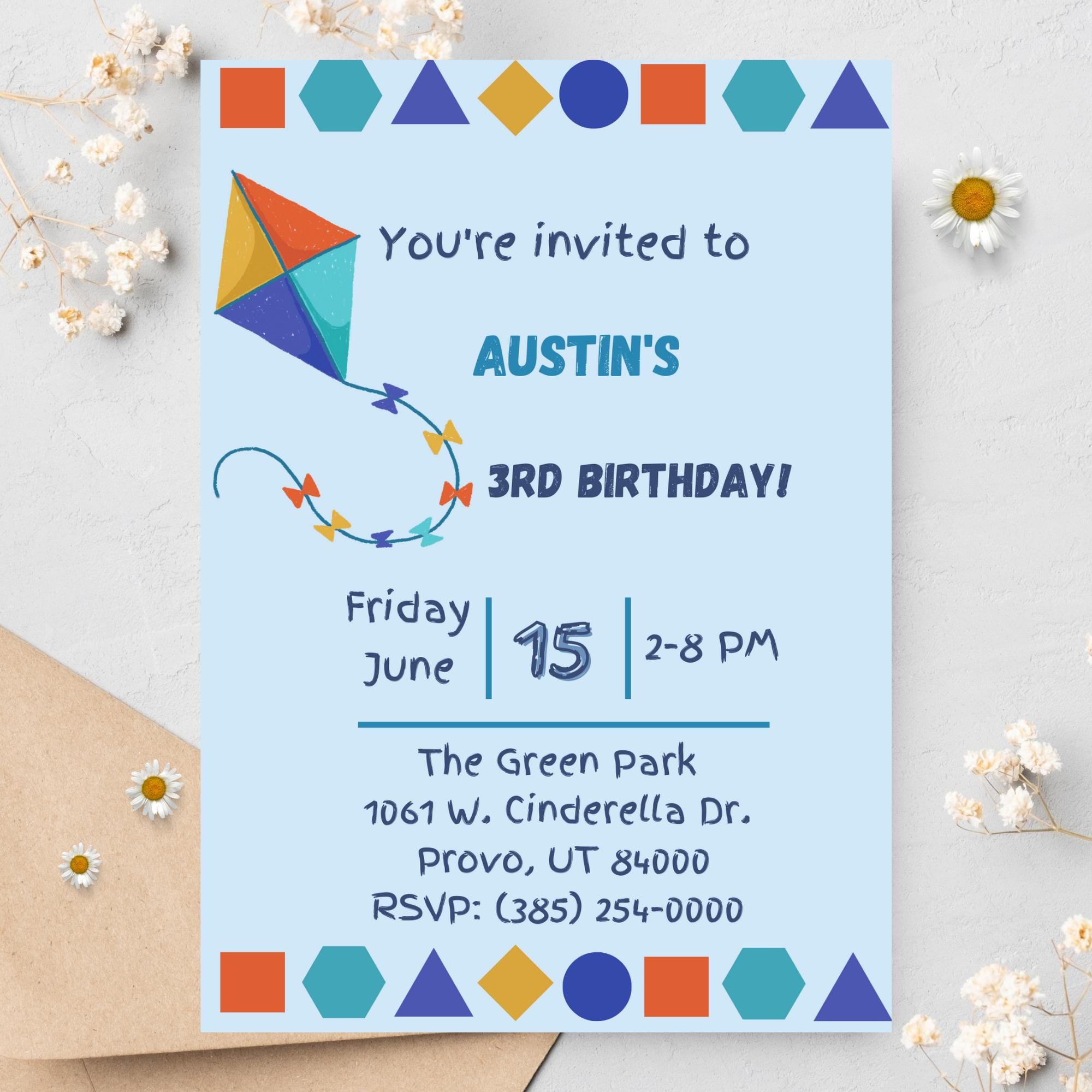 Summer Kids Birthday Invitation, Boy Party Invite, Kite Shapes Theme ...