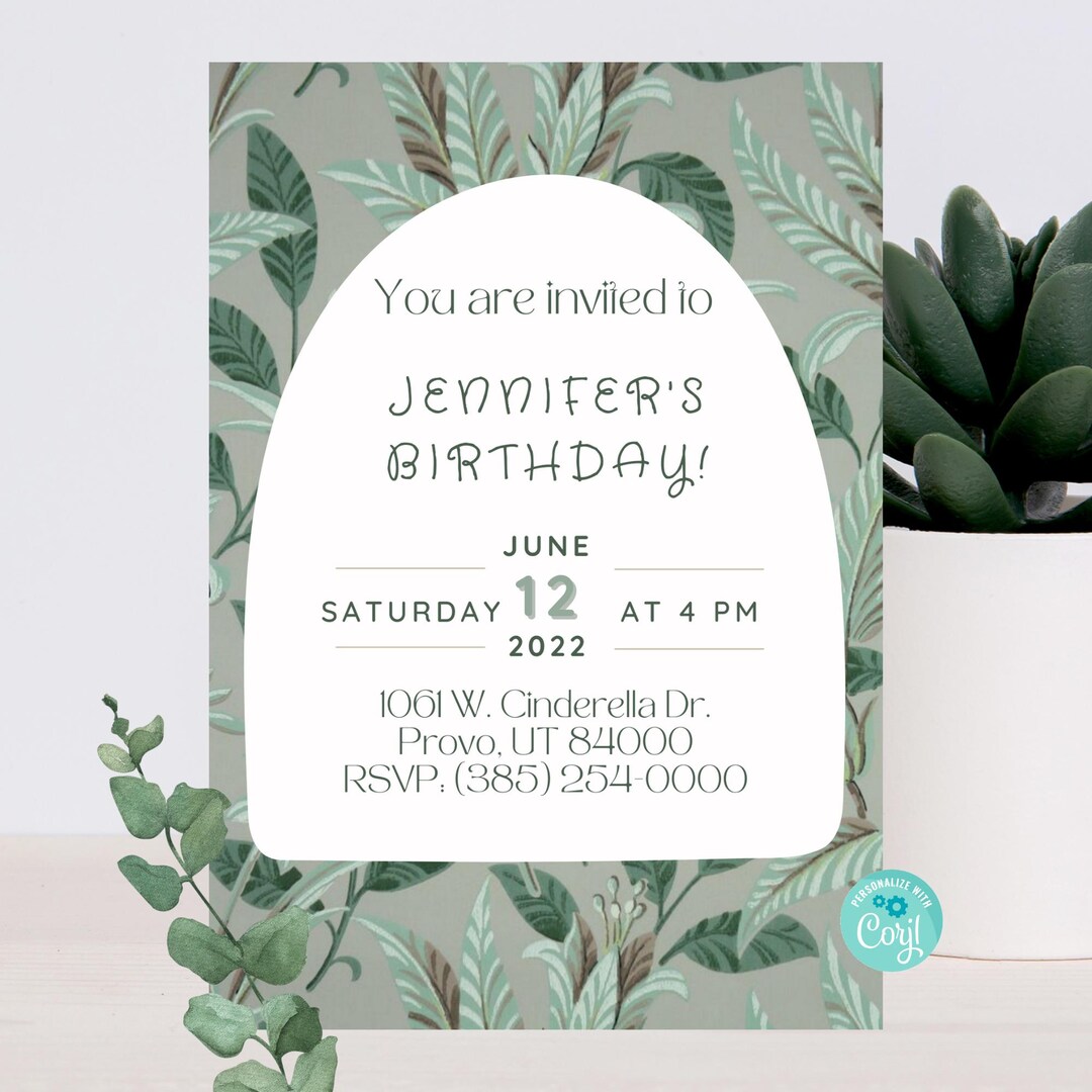 Elegant Green Birthday Party Invitation, Women Celebration, Garden ...
