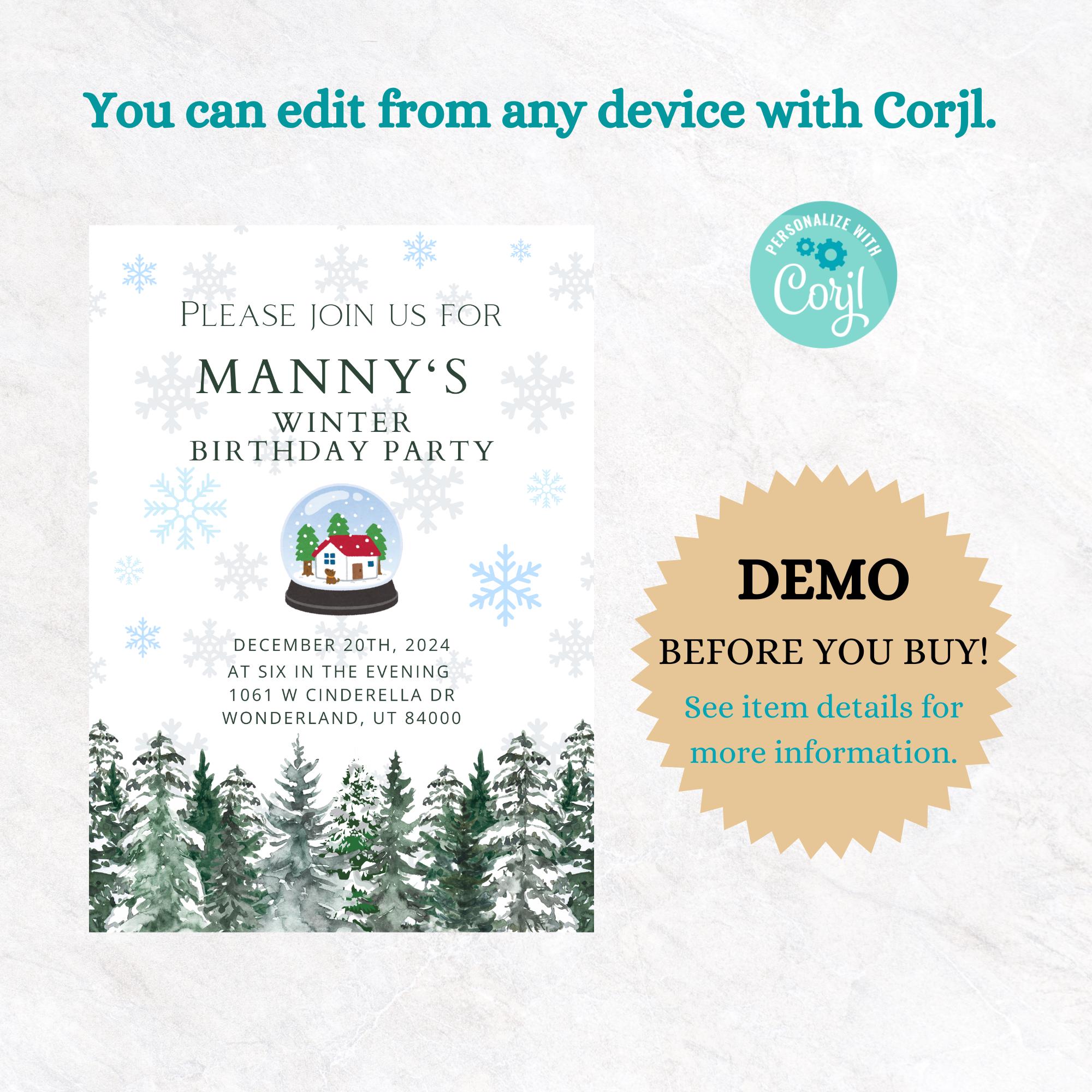 Winter Wonderland Birthday Invitation, Snowy Party Invite, Snow Globe ...