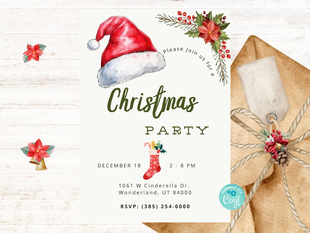 Red Santa Hat Christmas Party Invitation, Festive Holiday Party ...