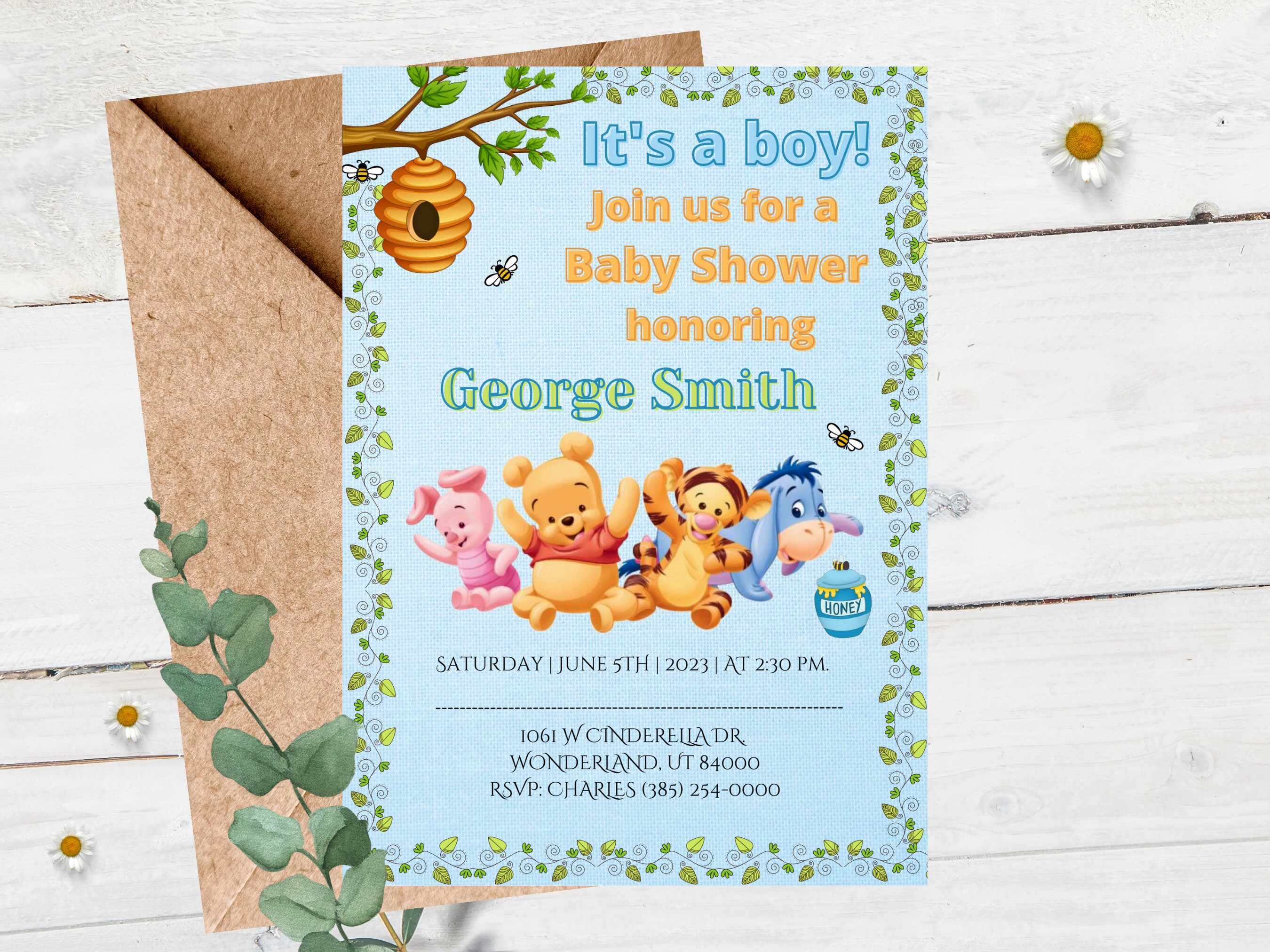 Blue Winnie the Pooh Baby Shower Invitation Template, Its a Boy Party ...