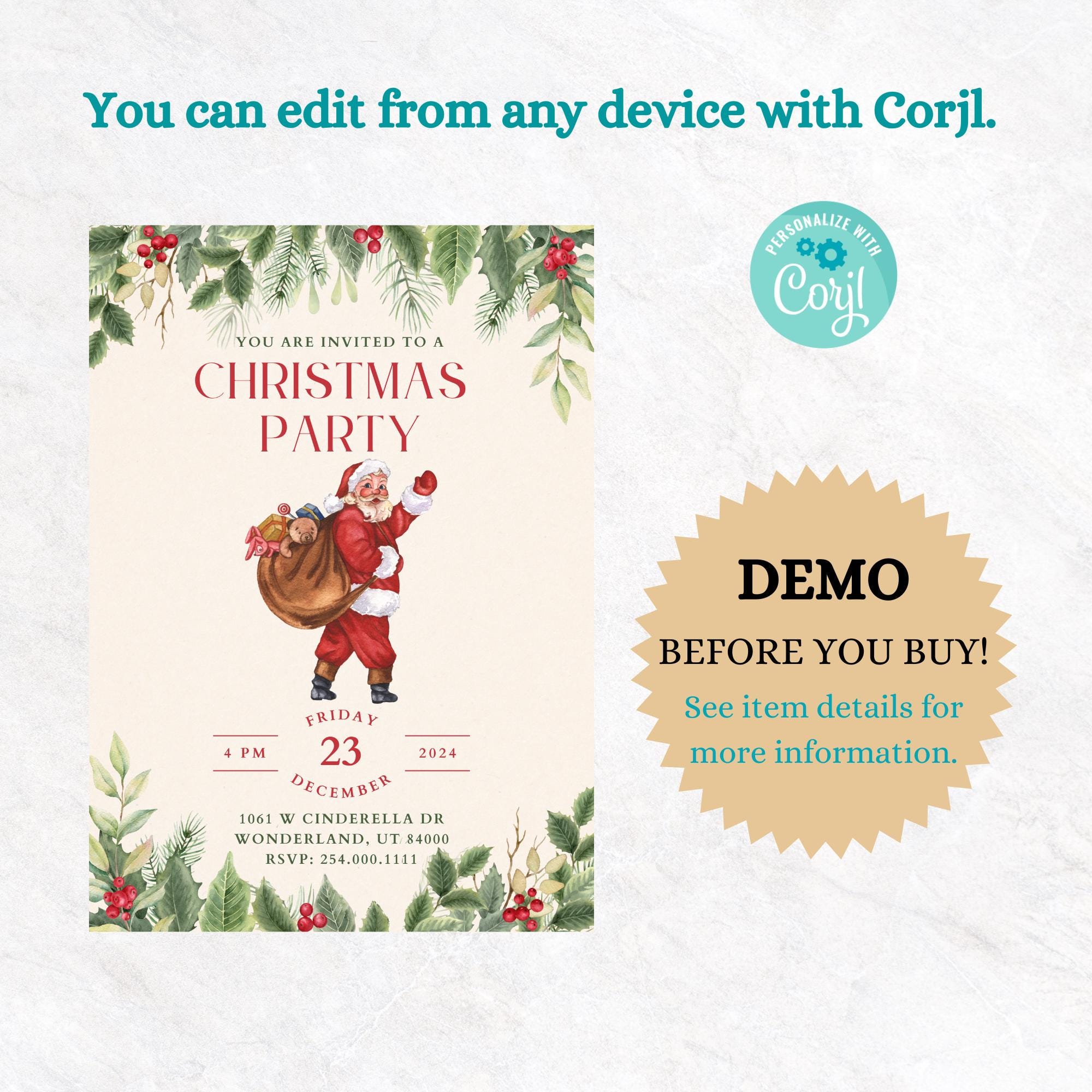 Santa Claus Christmas Party Invitation, Holiday Gathering, December ...