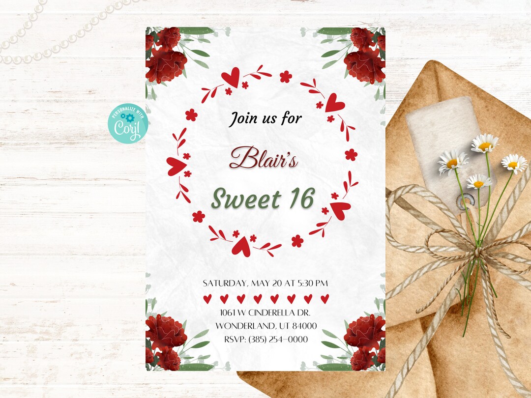 Red Sweet Sixteen Birthday Invitation, Floral Theme, My Sweet 16 ...
