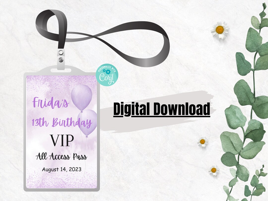 Purple VIP Lanyard Inserts, Party Celebration Pass, Editable Digital ...