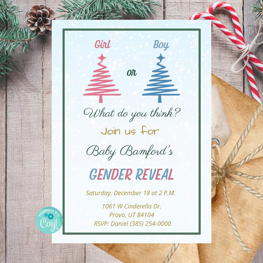 Christmas Trees Gender Reveal Invitation, Pink or Blue, Girl or Boy ...