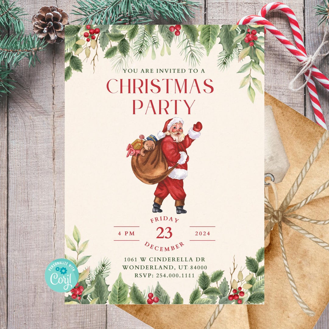 Santa Claus Christmas Party Invitation, Holiday Gathering, December ...