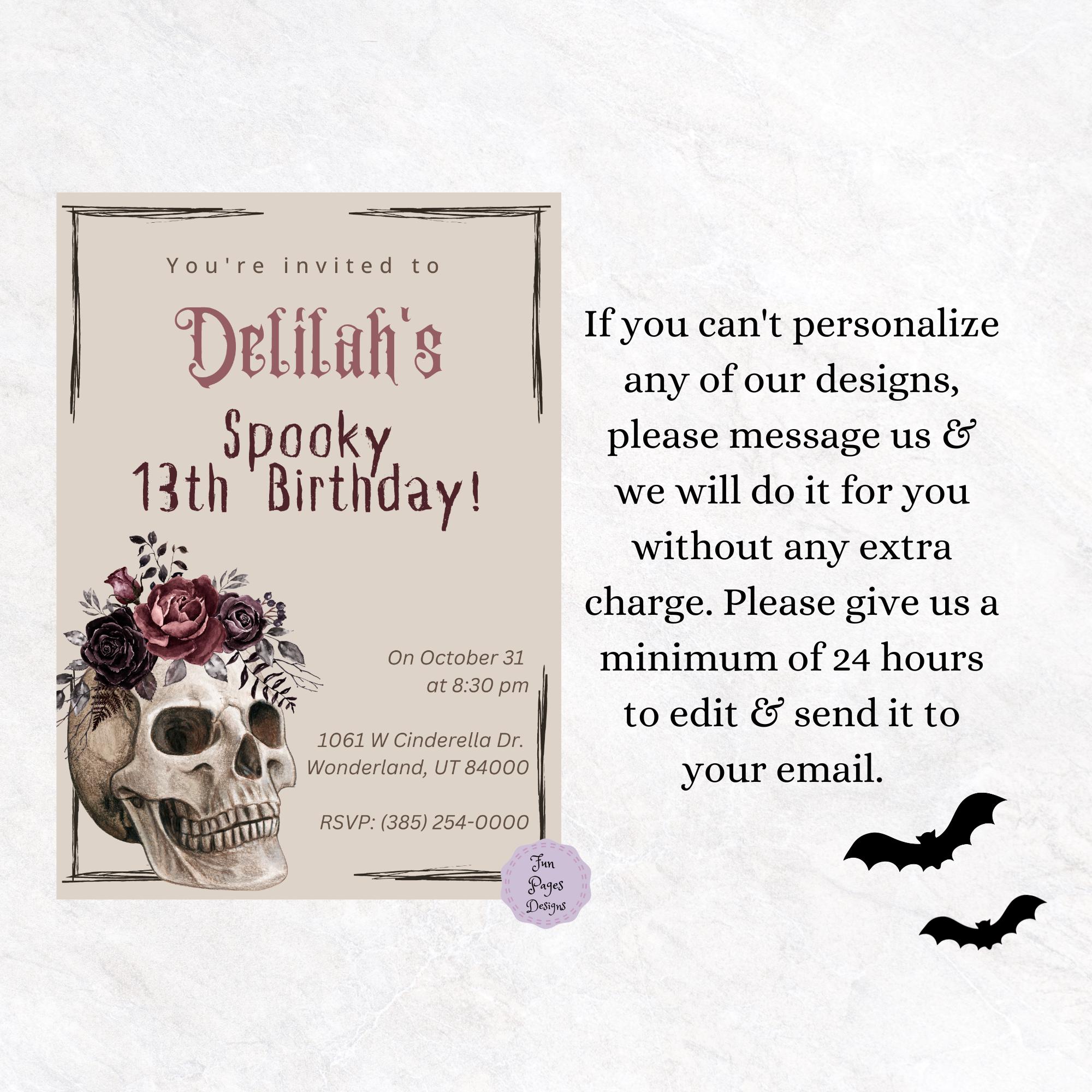 Gothic Skull Floral Birthday Invitation, Halloween Party, Dark Spooky ...