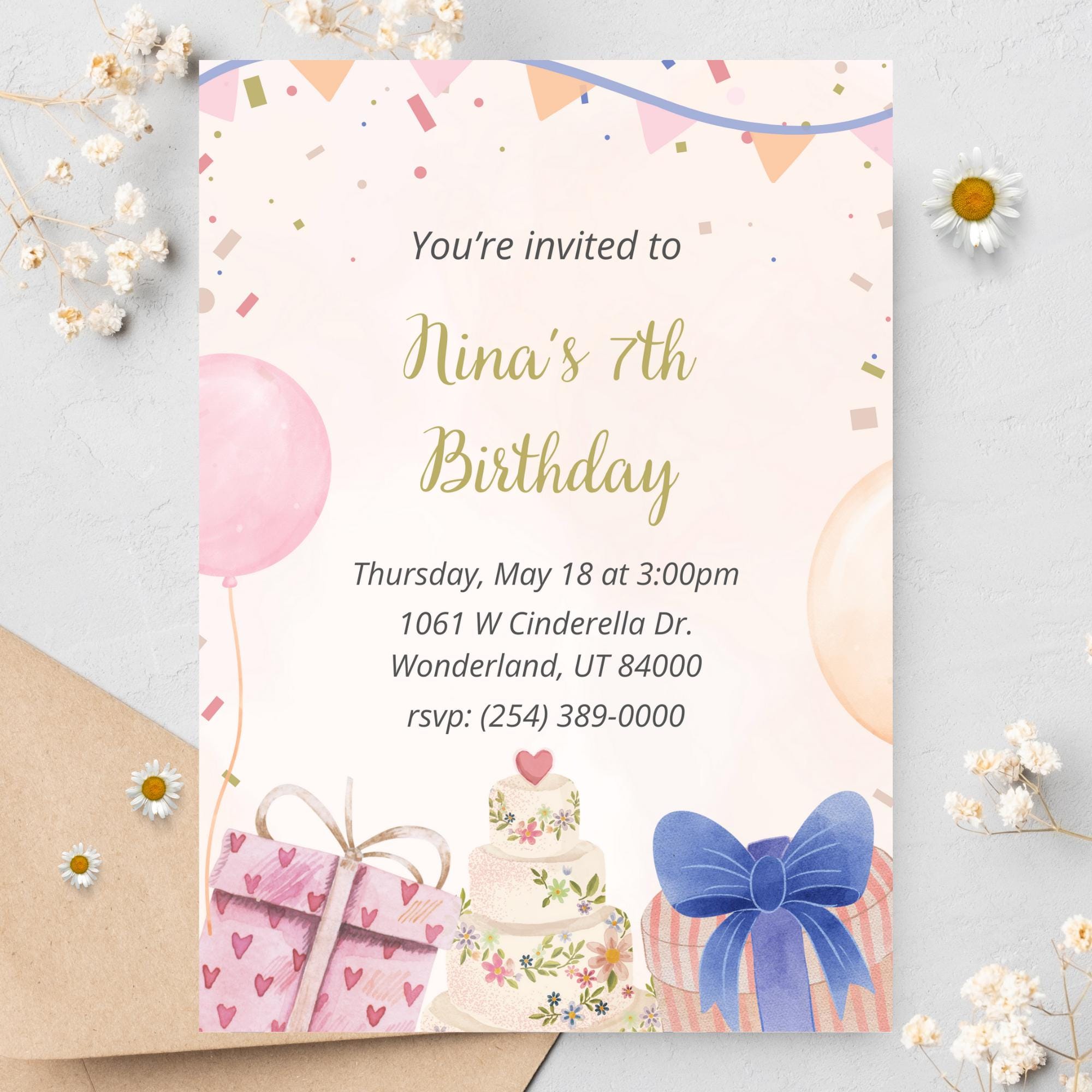 Elegant Pastel Birthday Invitation, Confetti Balloons Theme, Girl Party ...