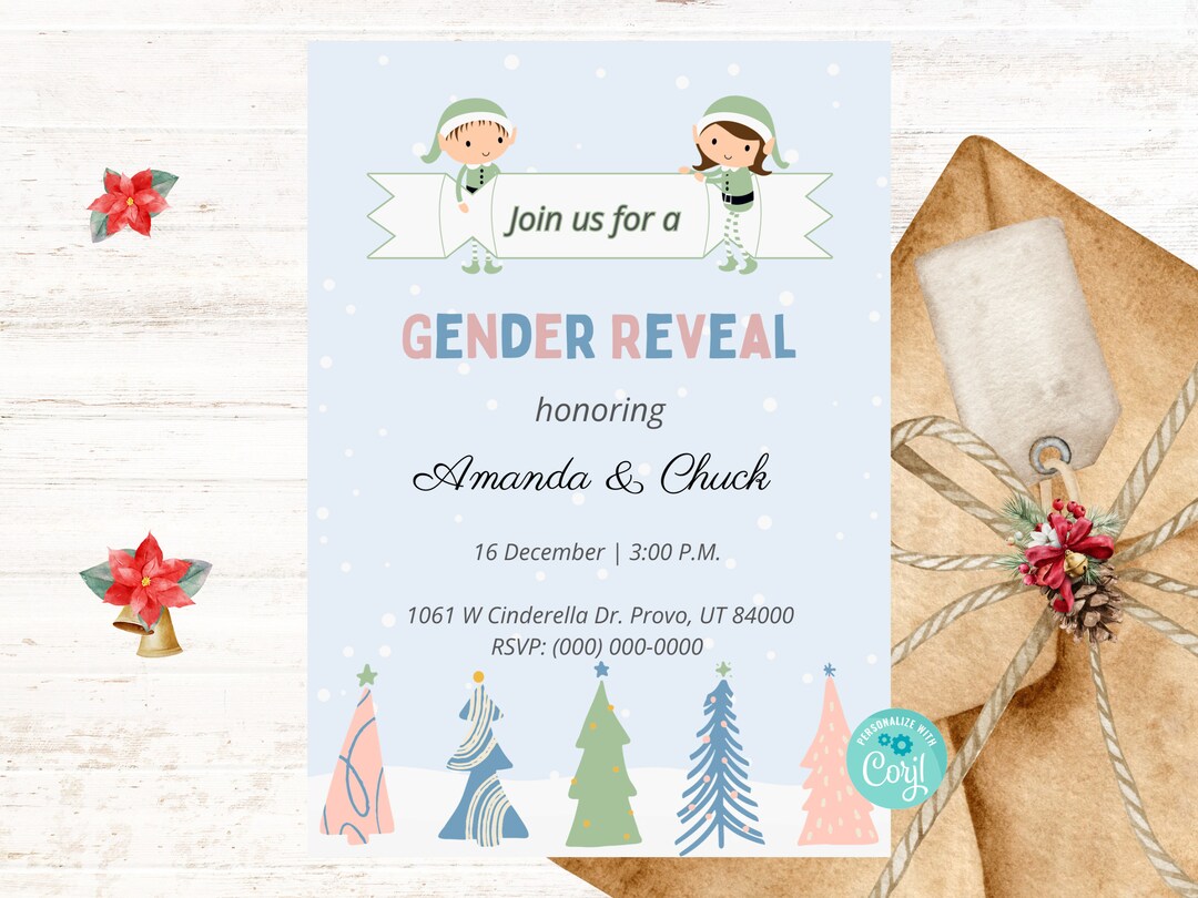 Christmas Elves Gender Reveal Invitation, Boy or Girl, Pink or Blue ...